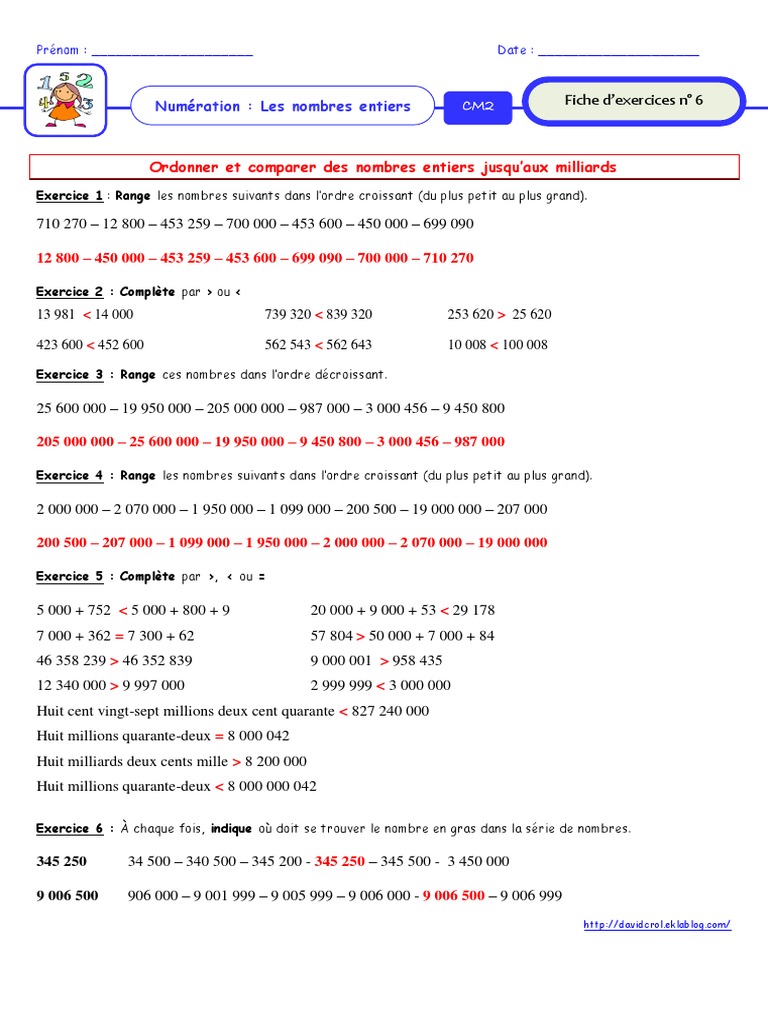 Fiche Exo 6 Comparer Et Ordonner Nombres Entiers Correction | PDF ...