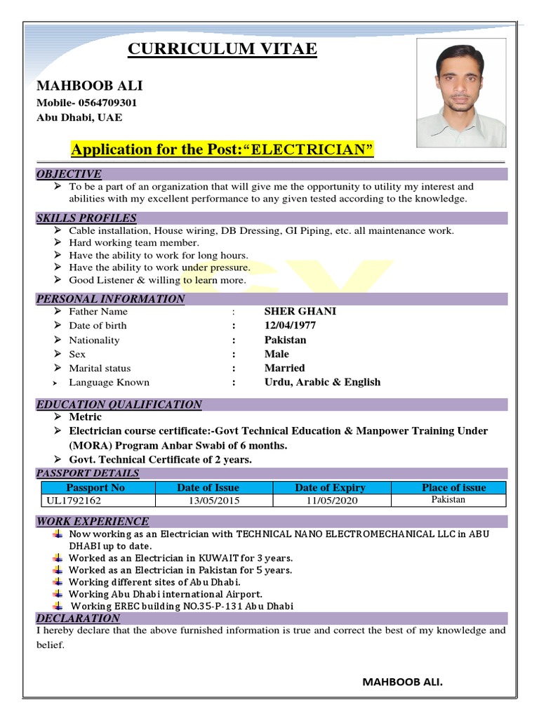 Mehboob CV | PDF | Electrician | Learning