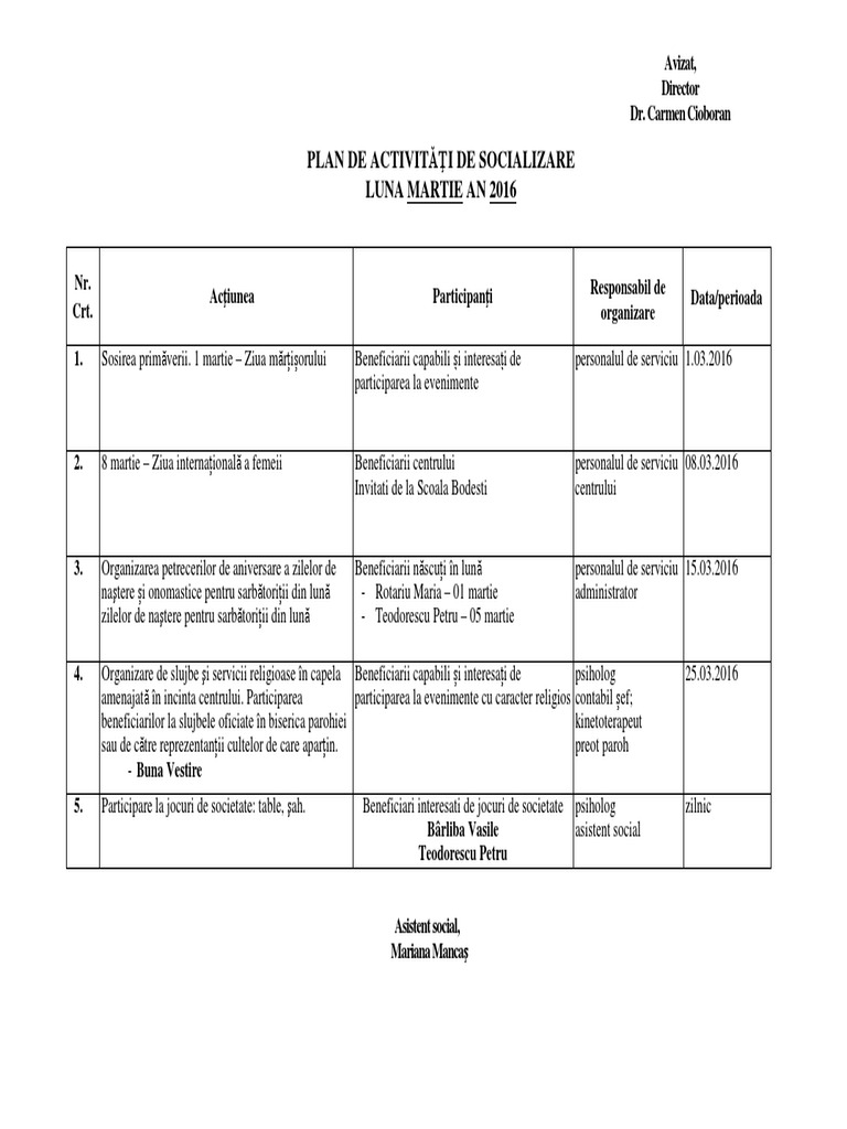 Plan de Activitati de Socializare PDF | PDF