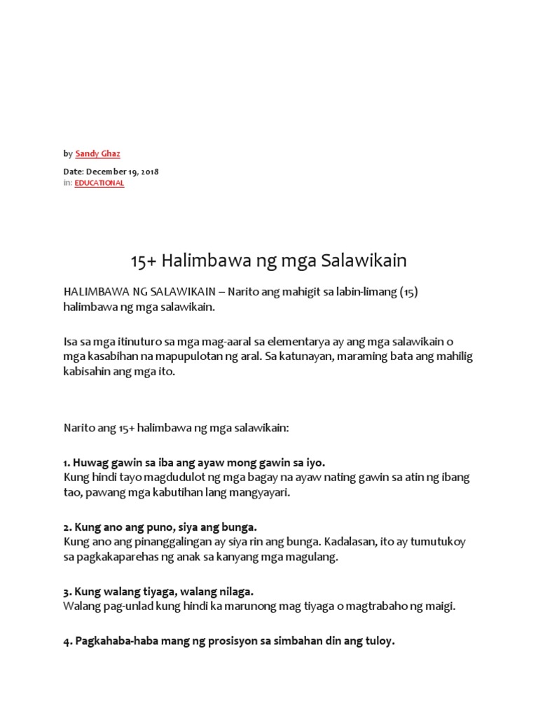 Mga Halimbawa NG Salawikain Fil. | PDF