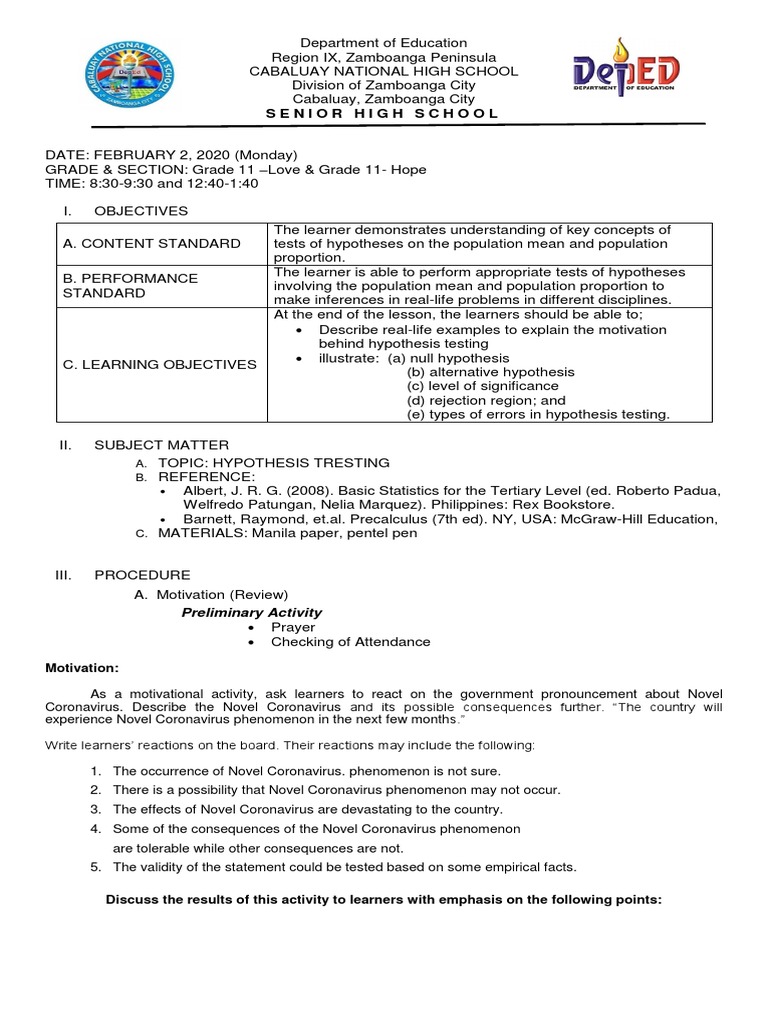 Lesson Plan Week 10 Pdf Statistical Hypothesis Testing Null Hypothesis