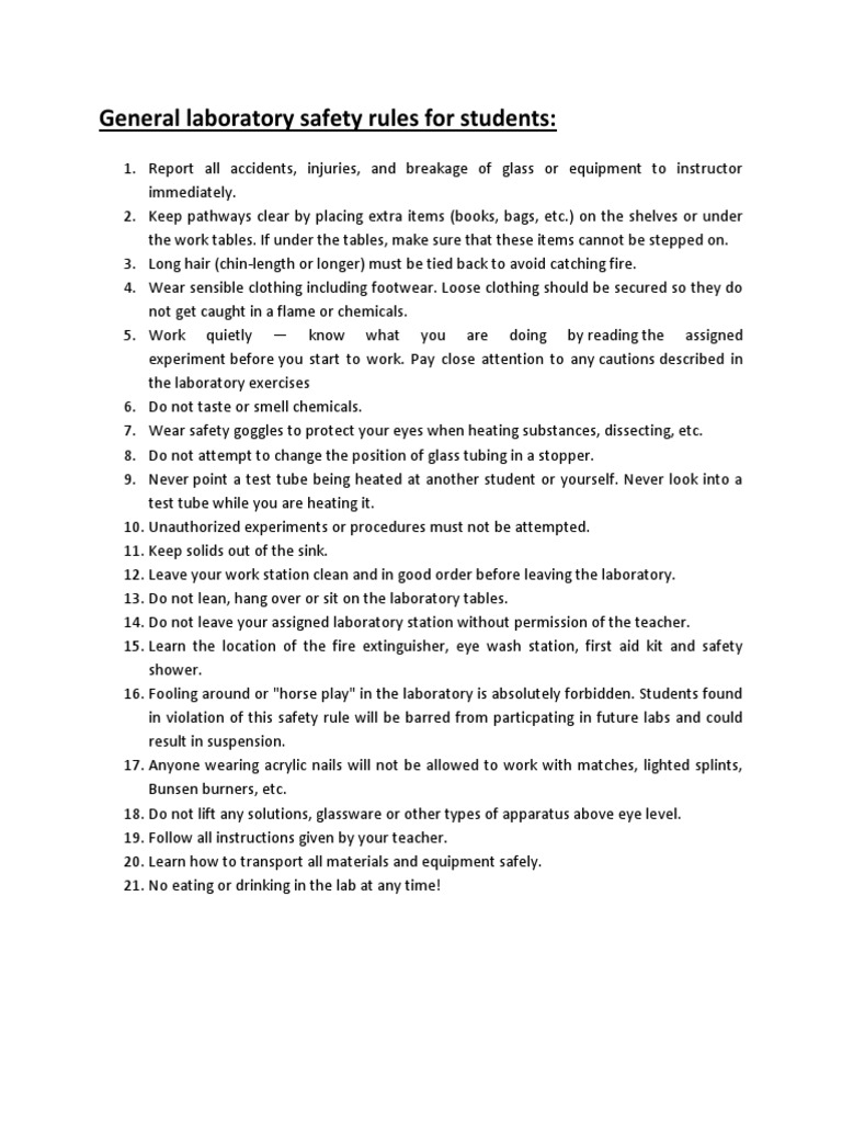General Laboratory Safety Rules For Students | PDF