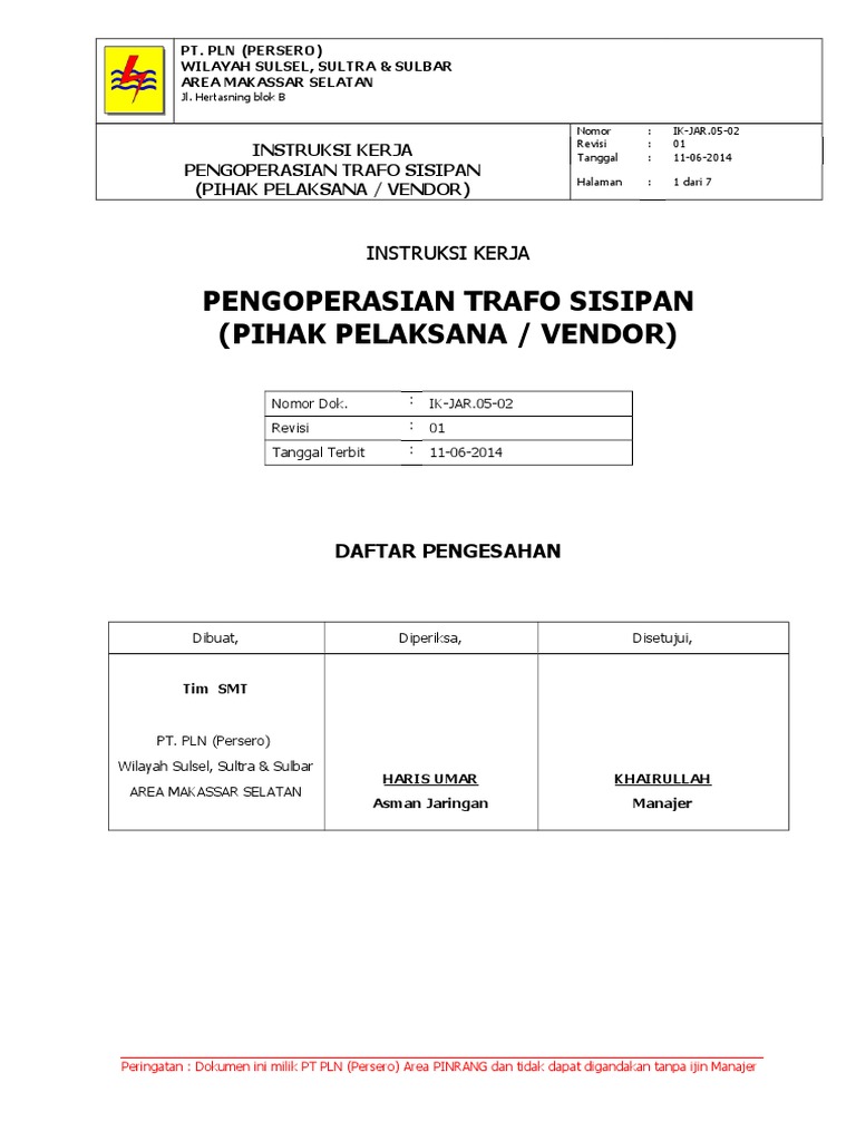 SOP Pengoperasian Trafo Sisipan (Pihak Ke 3) | PDF