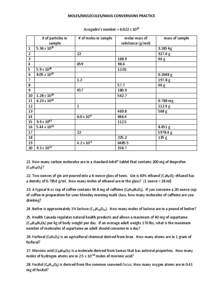 Moles Molecules and Mass Conversions II | PDF | Mole (Unit) | Chemistry