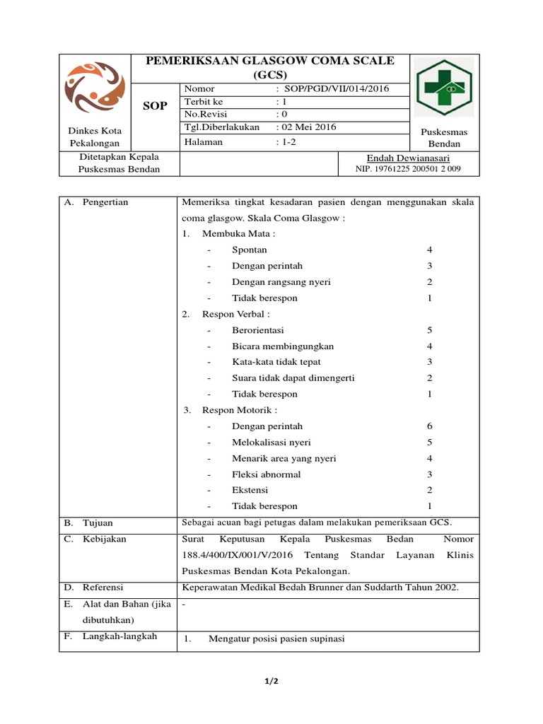 Sop Pemeriksaan Glasgow Coma Scale (GCS) | PDF