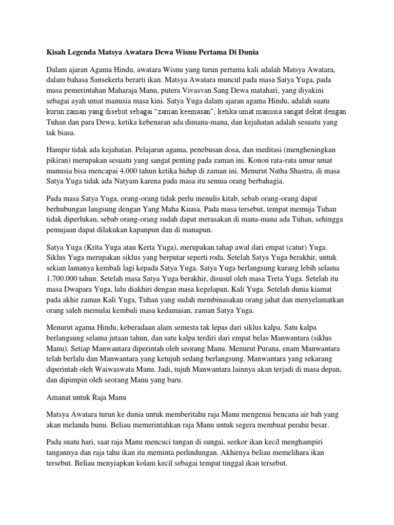 Kisah Legenda Matsya Awatara Dewa Wisnu Pertama Di Dunia | PDF