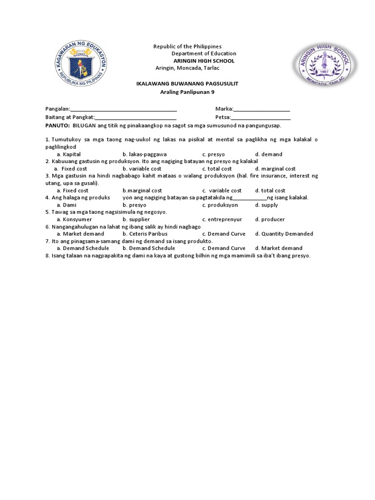 2nd Monthly Exam AP 9 | PDF