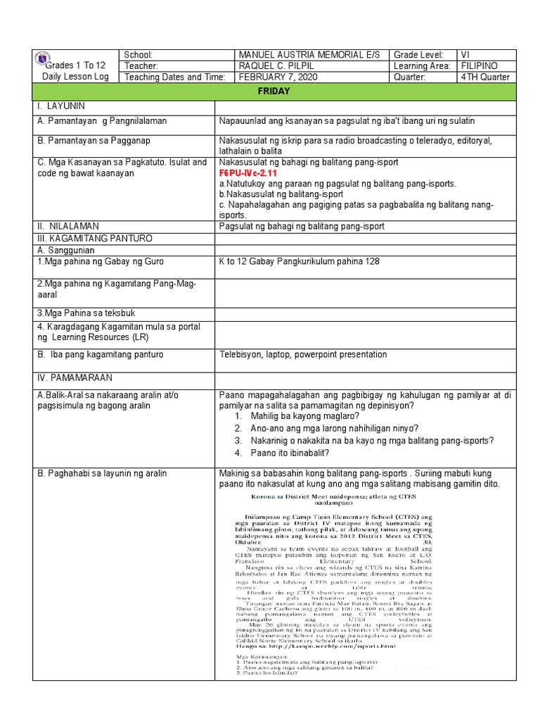 5.DLL Fil Q 4 W4 Day 5 Friday | PDF