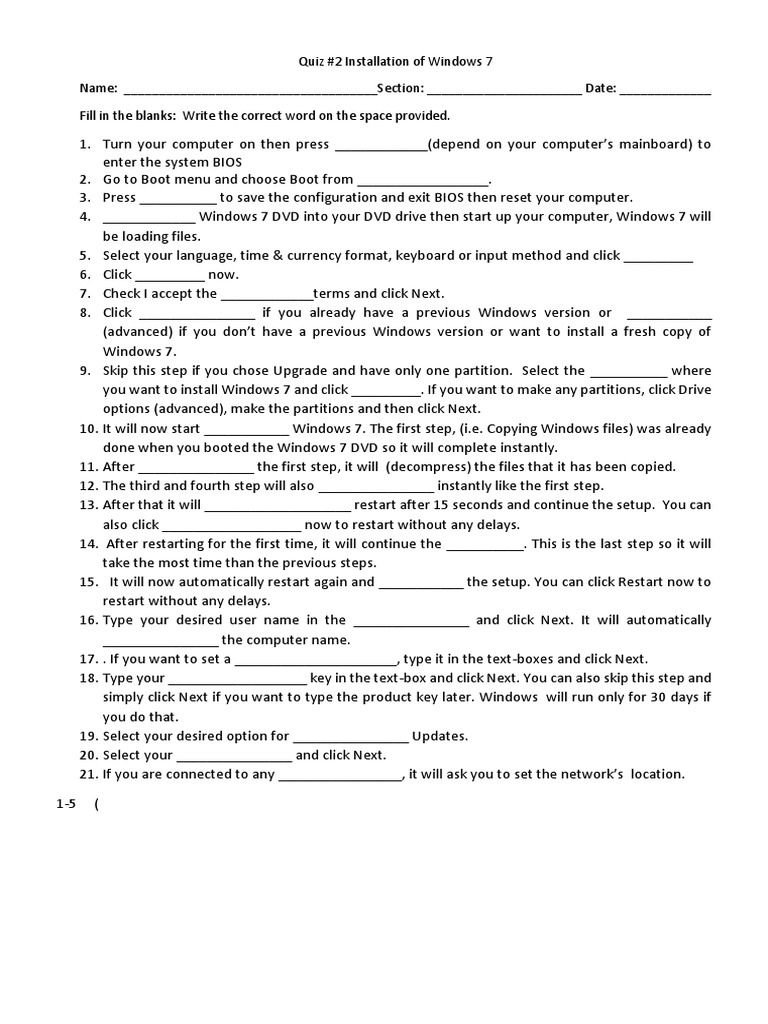 Installation of Windows 7 Quiz. | PDF | Booting | Windows 7
