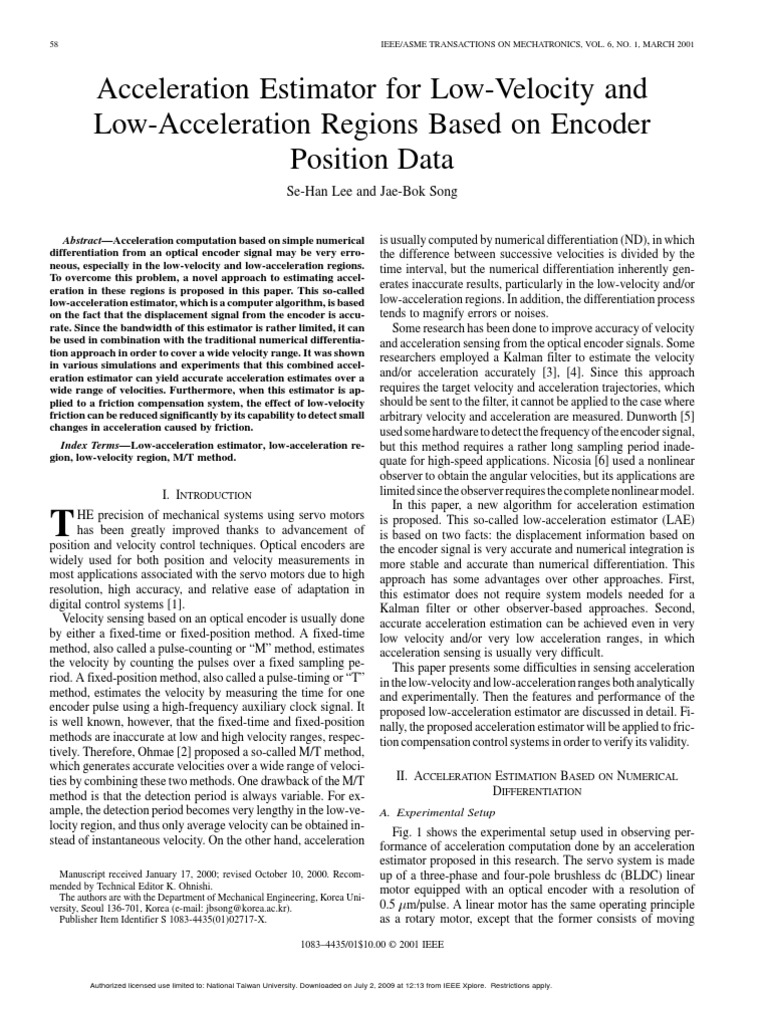 2001 Acceleration Estimator For Low Velocity And Low Acceleration Regions Based On Encoder