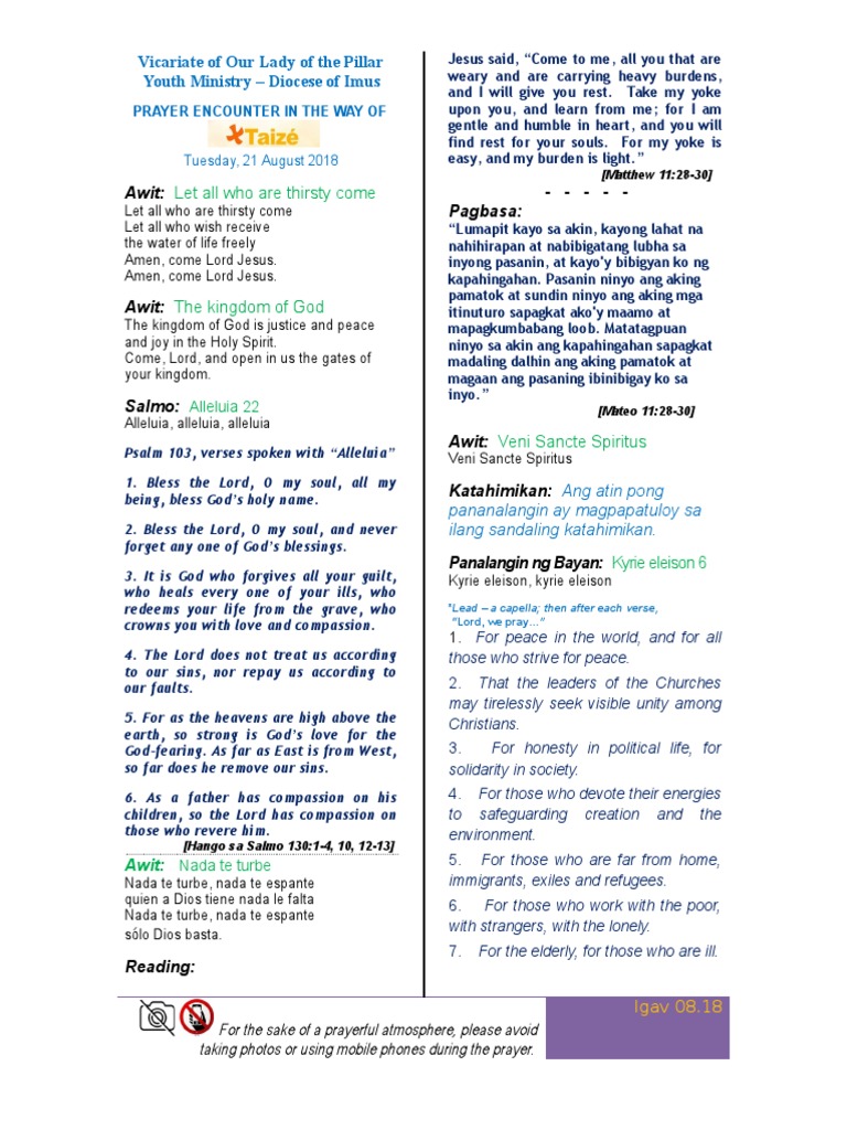 Taize Prayer Guide Imus 21 August 2018 | PDF | Christian Worship And Liturgy | Religious ...
