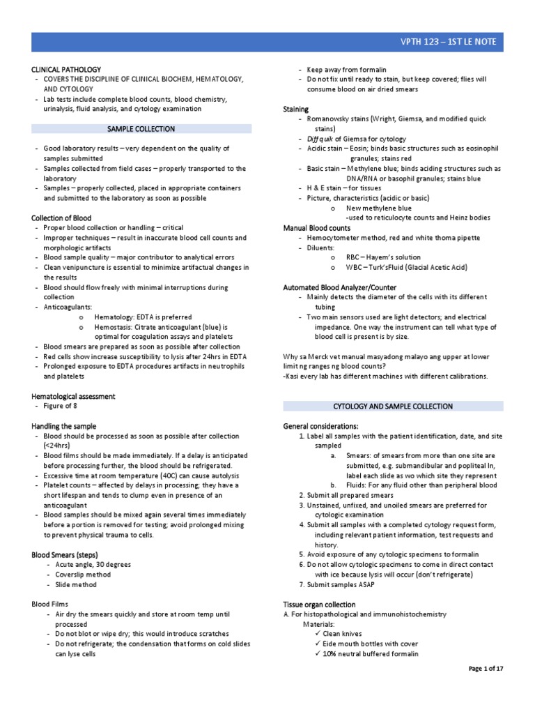 Veterinary Clinical Pathology Lecture Notes | PDF | Red Blood Cell | Anemia