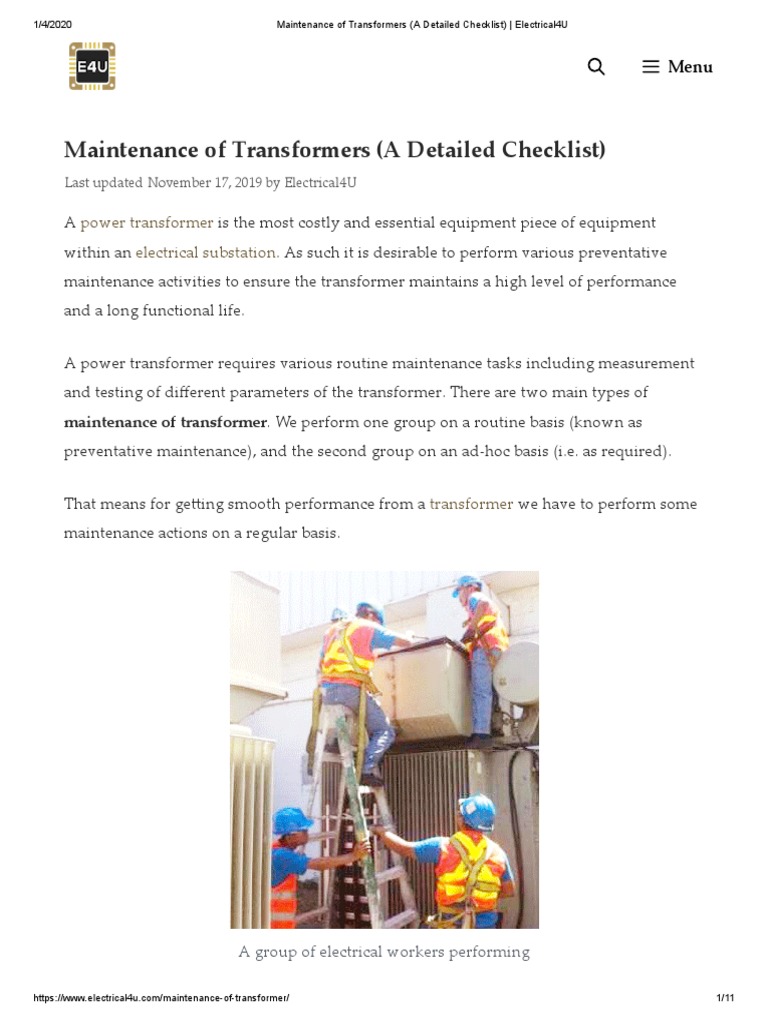 Maintenance of Transformers (A Detailed Checklist) - Electrical4U | PDF ...