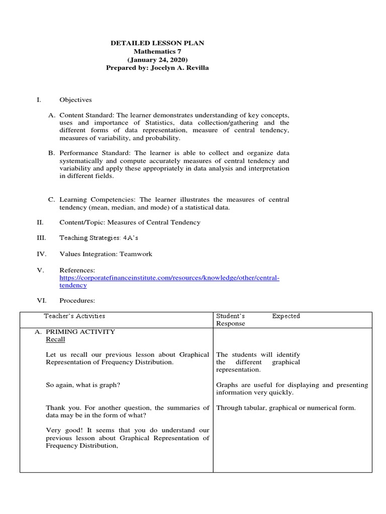 Detailed Lesson Plan in Mathematics | PDF | Arithmetic Mean | Median
