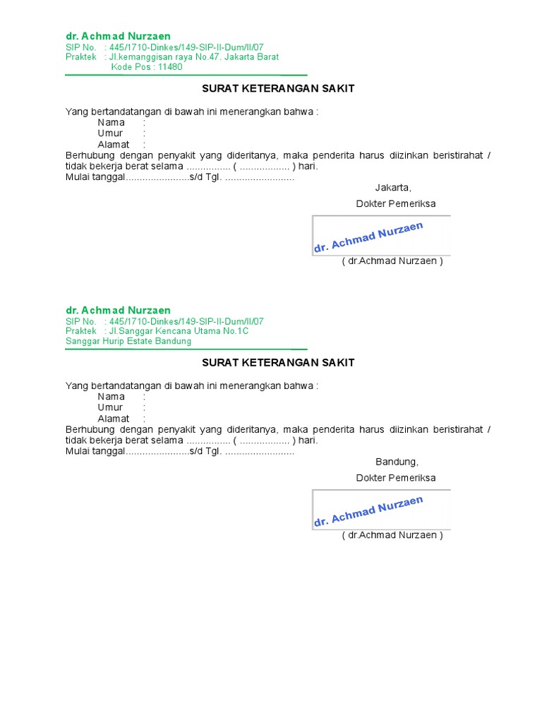 Contoh Surat Keterangan Sakit Dokter | PDF | Sains & Matematika