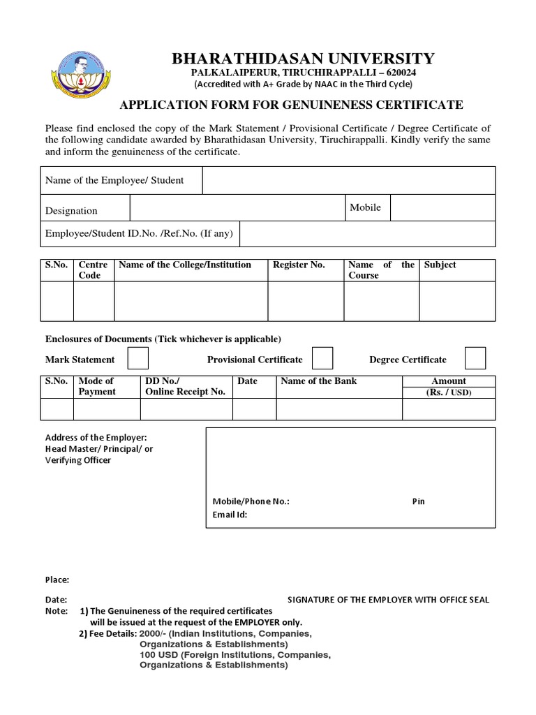 Genuineness Certificate Application Form | PDF | Academic Degree | Business