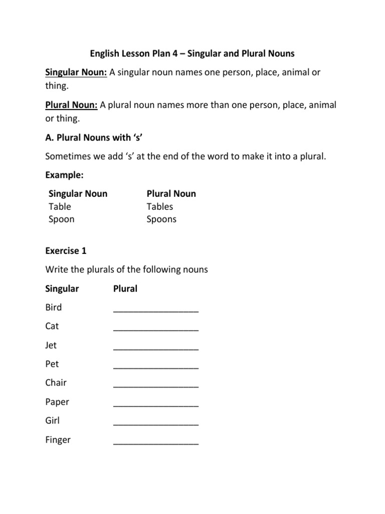 English Lesson Plan 4 - Singular and Plural Nouns | PDF | Plural ...