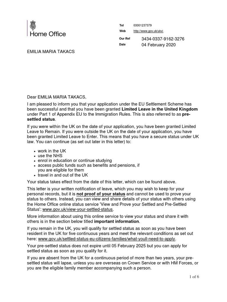 Pre-Settled Status Confirmation Letter | PDF | European Economic Area ...