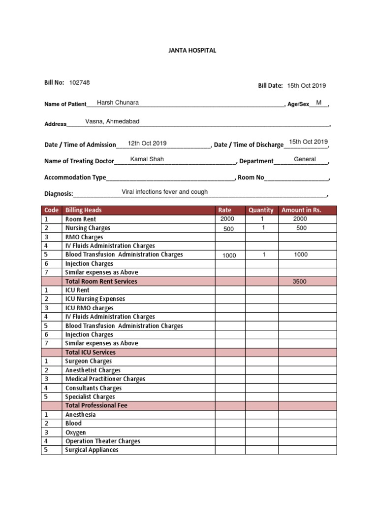 Hospital Bill Format and Sample | PDF | Surgery | Intravenous Therapy