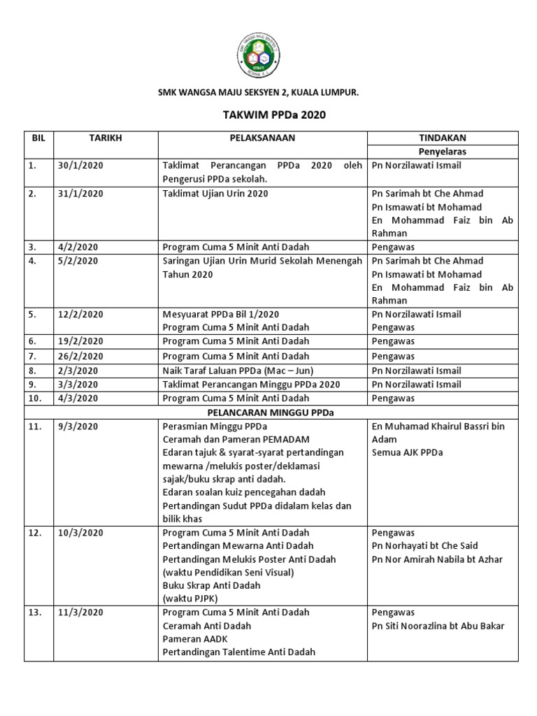 Takwim PPDa 2020 | PDF