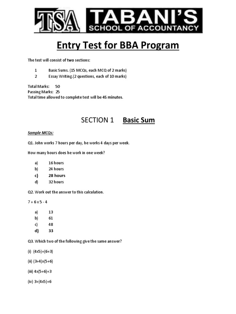 Entry Test | Download Free PDF | Teaching Mathematics | Business