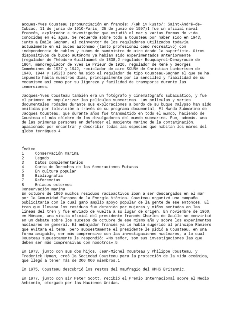Jacques Cousteau: Pionero del Buceo y Conservación | PDF | Naturaleza