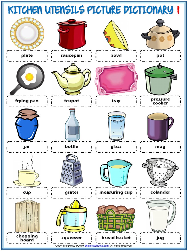 Kitchen Utensils Vocabulary Esl Picture Dictionary Worksheets For Kids PDF Kitchen Utensil Spoon