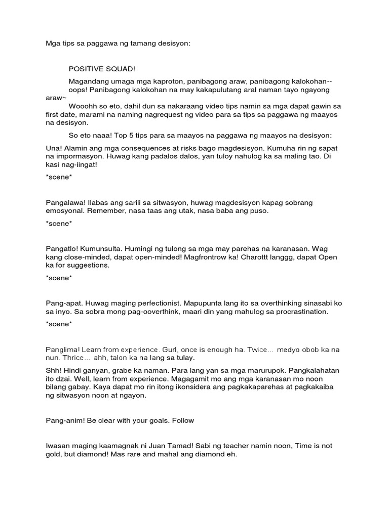 Mga Tips Sa Paggawa NG Tamang Desisyon | PDF