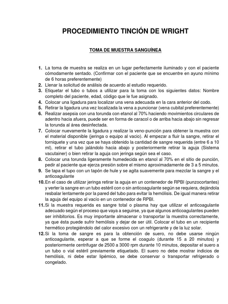 Procedimiento Tinción de Wright | PDF | Sangre | Medicina CLINICA