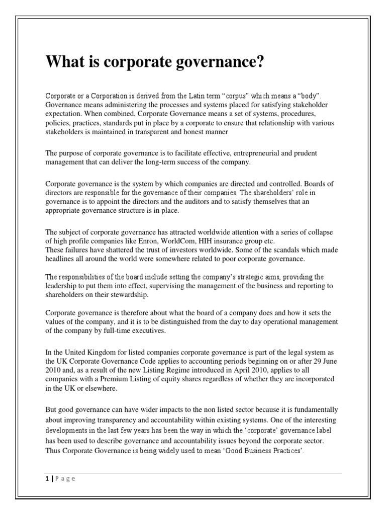 Project Report On Corporate Governance | PDF | Corporate Governance ...
