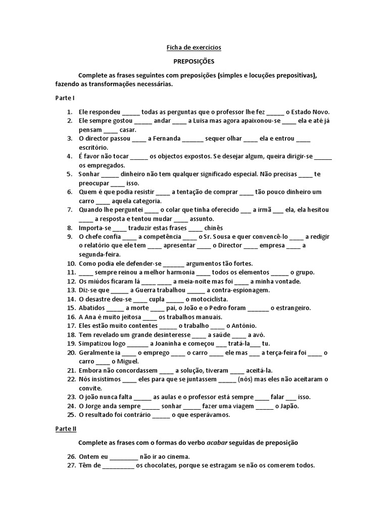 Exercícios de Preposições em Português | PDF