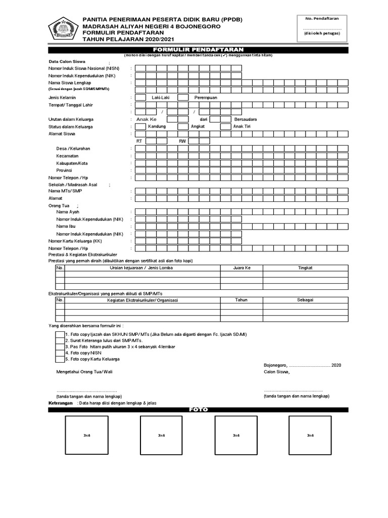 Formulir PPDB 2020 MAN 4 Bojonegoro | PDF