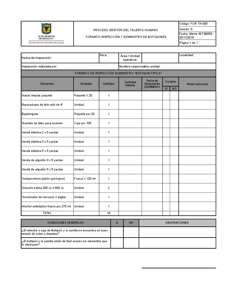 Formato Inspección y Suministro Botiquines | PDF | Salud y bienestar | Medicina
