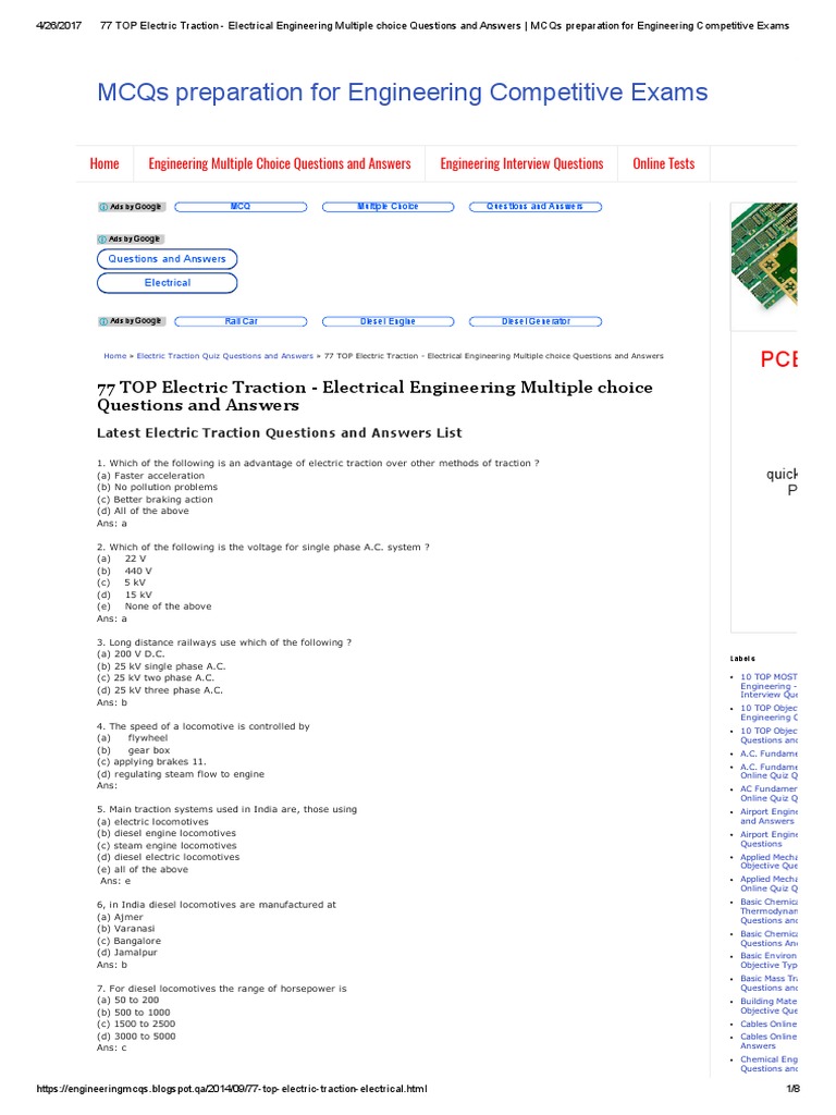 77 TOP Electric Traction - Electrical Engineering Multiple Choice ...