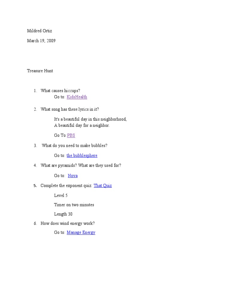 Kids' Treasure Hunt Questions and Answers | PDF | Language Arts ...
