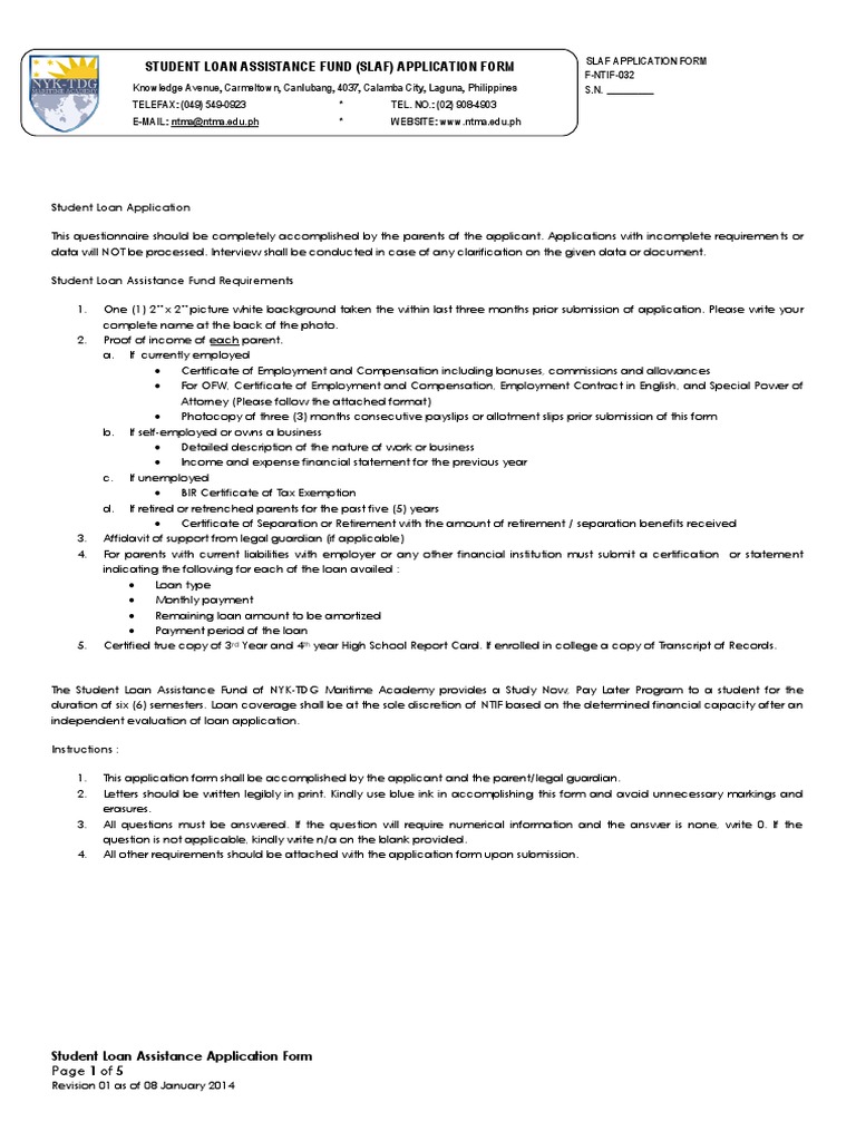SLAF Application Form | PDF | Loans | Student Loan