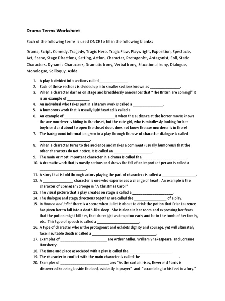Drama Terms and Definitions Worksheet | PDF | Play (Theatre) | Tragedy