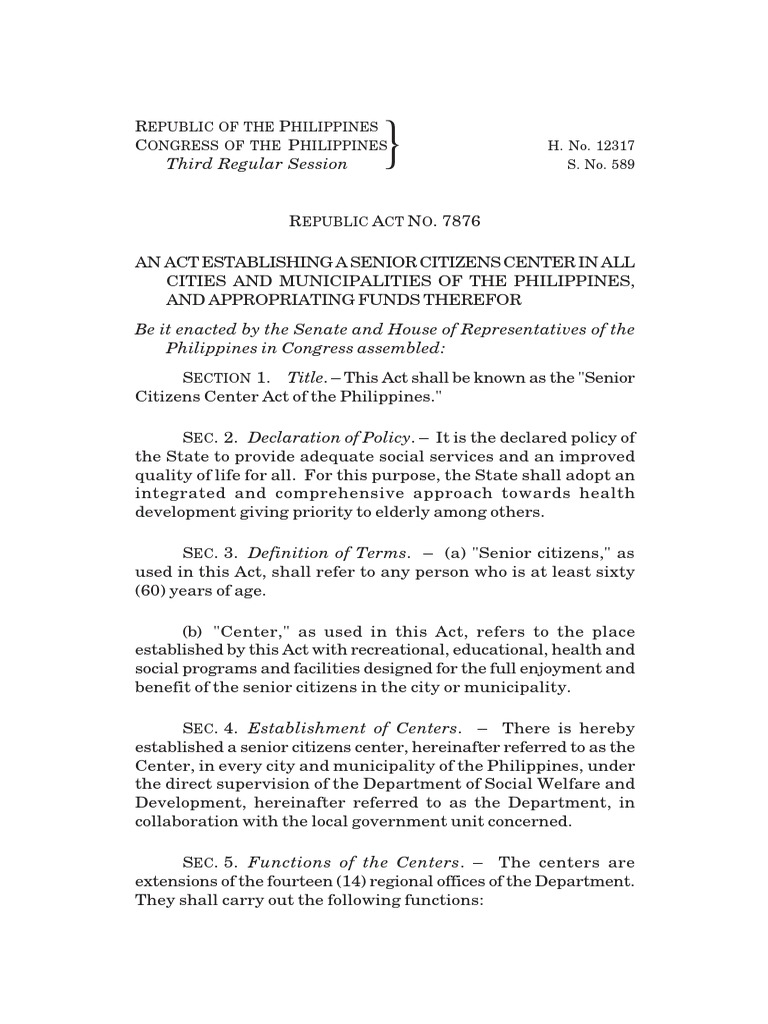 RA 7876 Senior Citizen Center | PDF | Welfare | Old Age