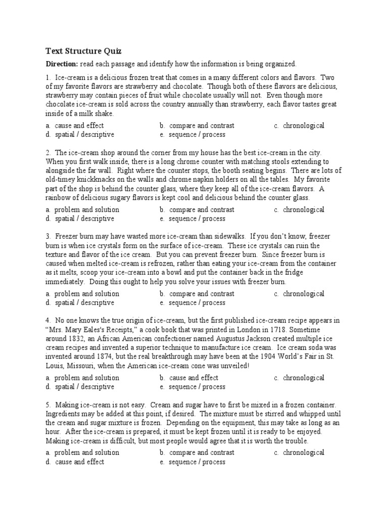 Text Structure Quiz Form A | PDF | Ice Cream | Food And Drink Preparation
