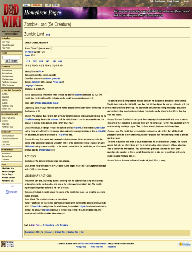 Zombie Lord (5e Creature) - D&D Wiki PDF | PDF | Zombies | Leisure