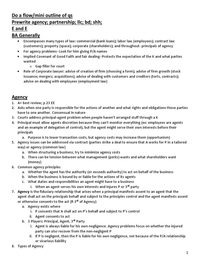 BA Outline - OKelly | PDF | Law Of Agency | Partnership