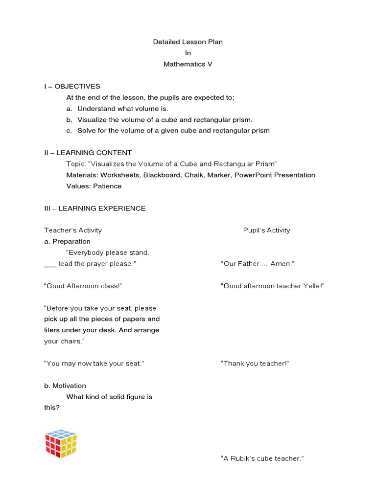 Detailed Lesson Plan in Math 5 | Download Free PDF | Volume | Lesson Plan