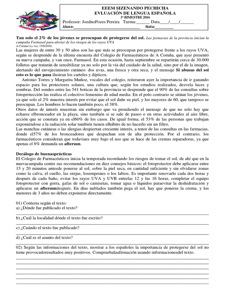 Actividad de Español | PDF | Protector solar | Verbo