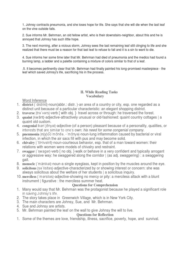 The Last Leaf Review | PDF | Lesson Plan | Verb