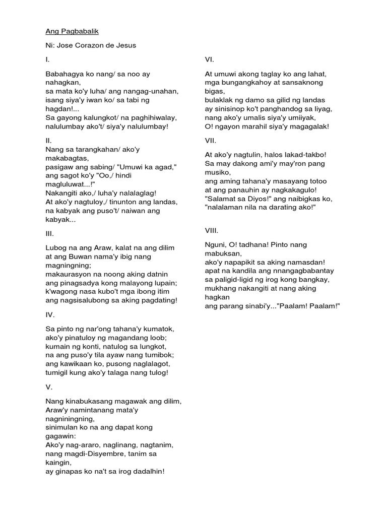 Pagsusuri Sa Tualng Ang Pagbabalik Ni Jose Corazon de Jesus | PDF