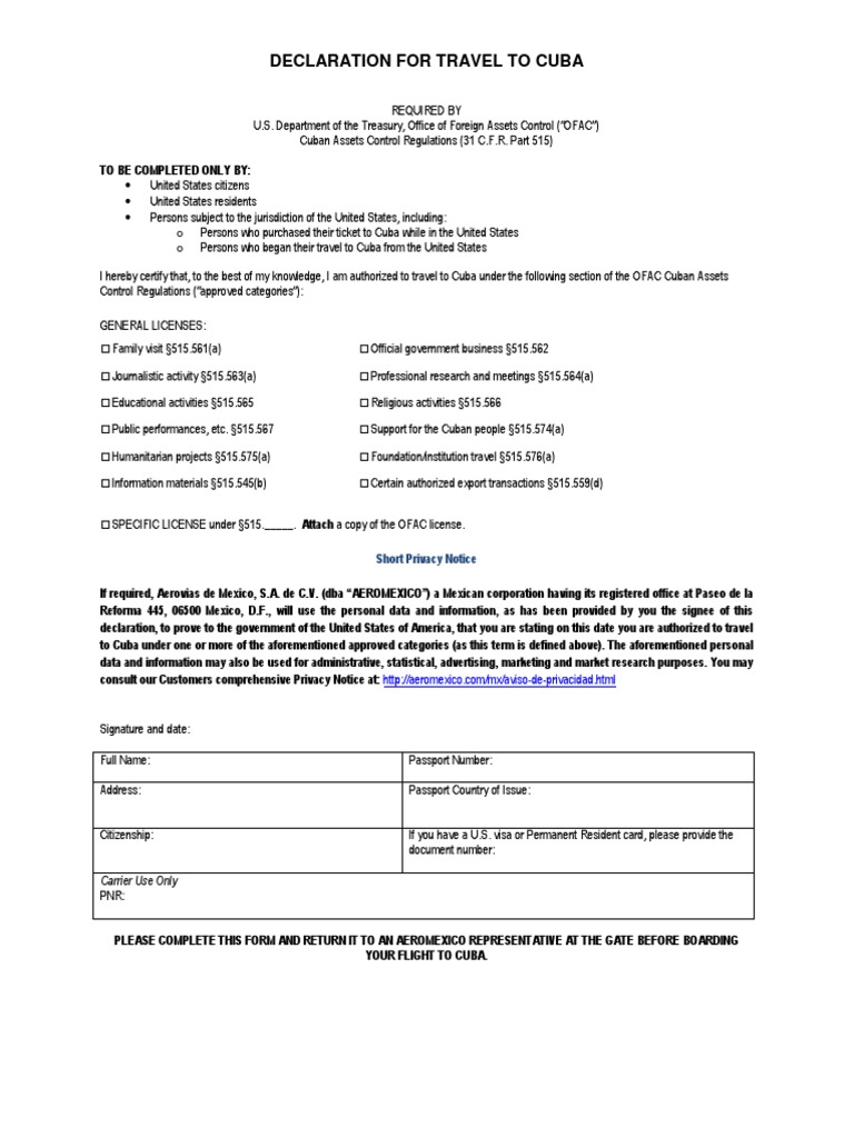 Declaration For Travel To Cuba PDF | PDF | Office Of Foreign Assets ...
