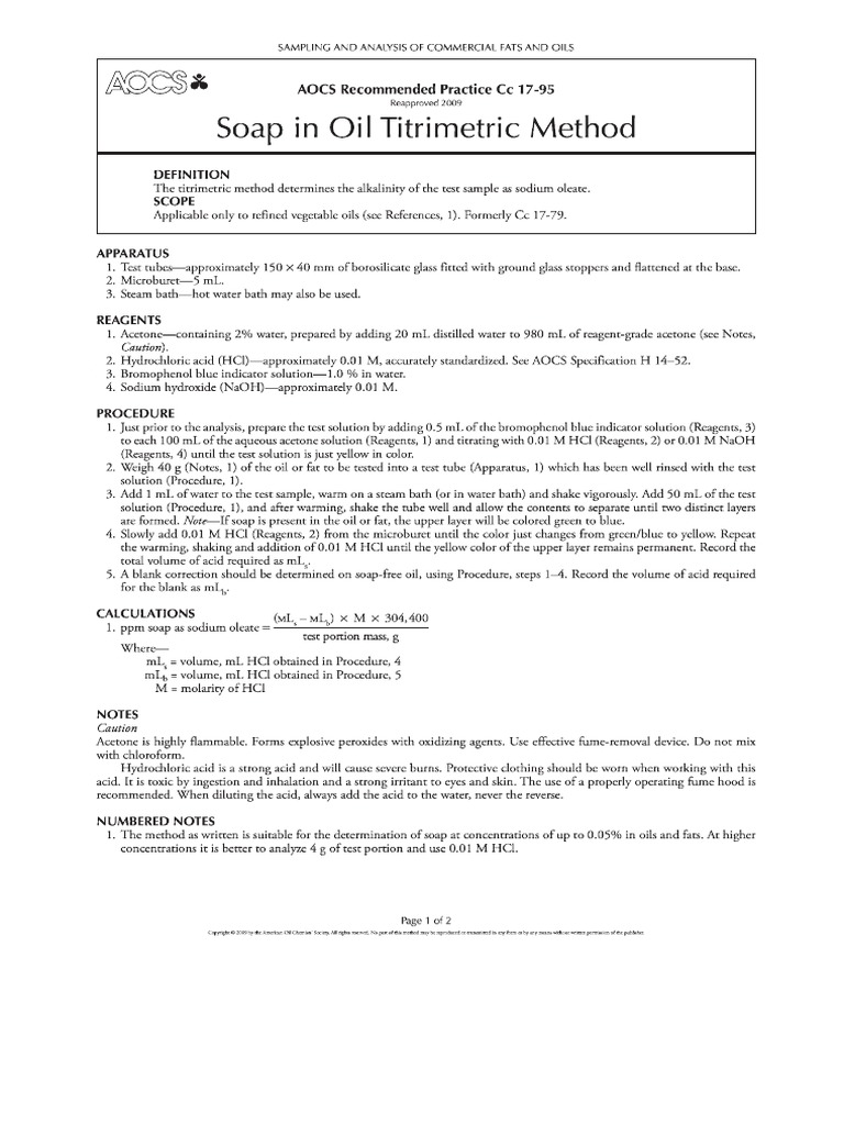 AOCS Official Method CC 17-95 Soap in Oil, Titrimetric Method | PDF