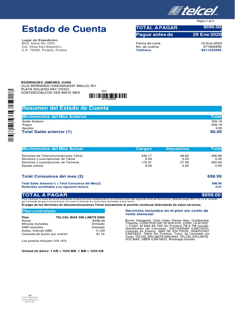Telcel Invoice | PDF | Telecomunicaciones | Business