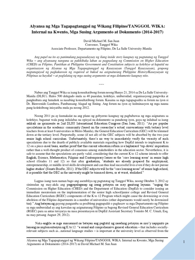 II. Alyansa NG Mga Tagapagtanggol NG Wikang Filipino TANGGOL WIKA Internal N PDF | PDF