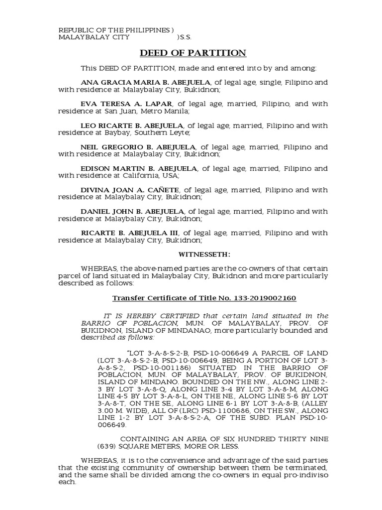 Deed of Partition Abejuela | PDF | Philippines | Civil Law (Common Law)